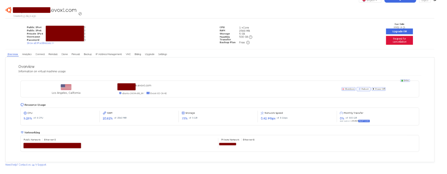 Displays your VM details, including: