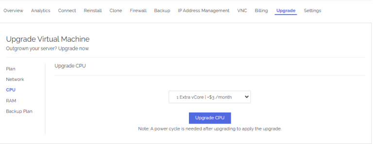 The CPU section is used to increase CPU cores.The maximum upgrade limit is 16 CPU cores.